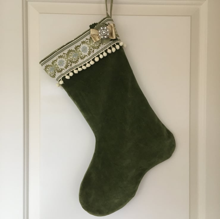Green velvet stocking with vintage embroidered ... - Folksy