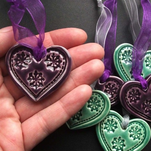 Set of six ceramic heart decorations - Folksy