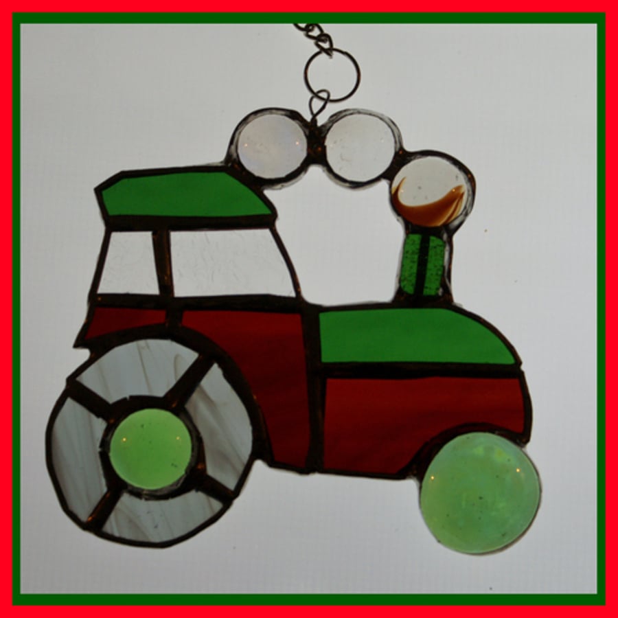 Tractor Suncatcher Stained Glass Green and Red - Folksy