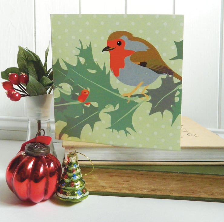 Robin and Holly Christmas Card - British Bird, ... - Folksy