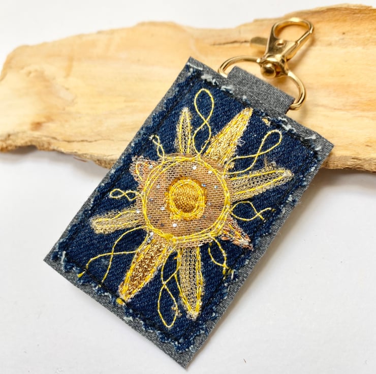 Up-cycled golden denim Sun key ring or bag charm. - Folksy