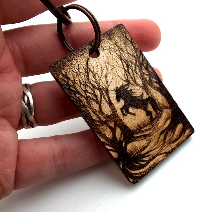 Woodland horse silhouette pyrography keyring, r... - Folksy