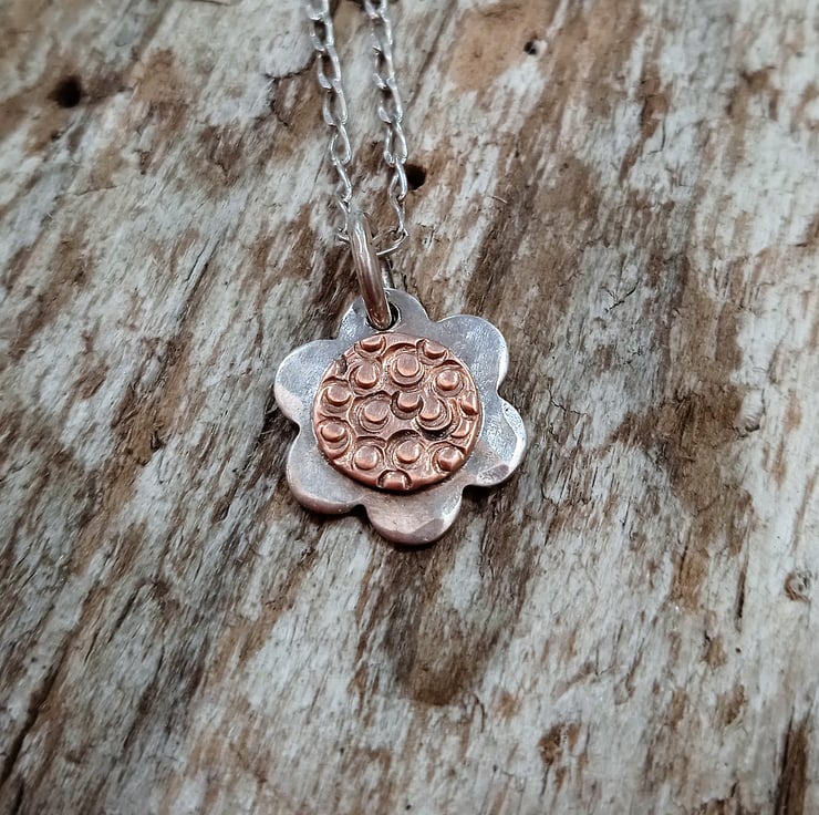 Sterling Silver and Copper Flower Pendant Neckl... - Folksy