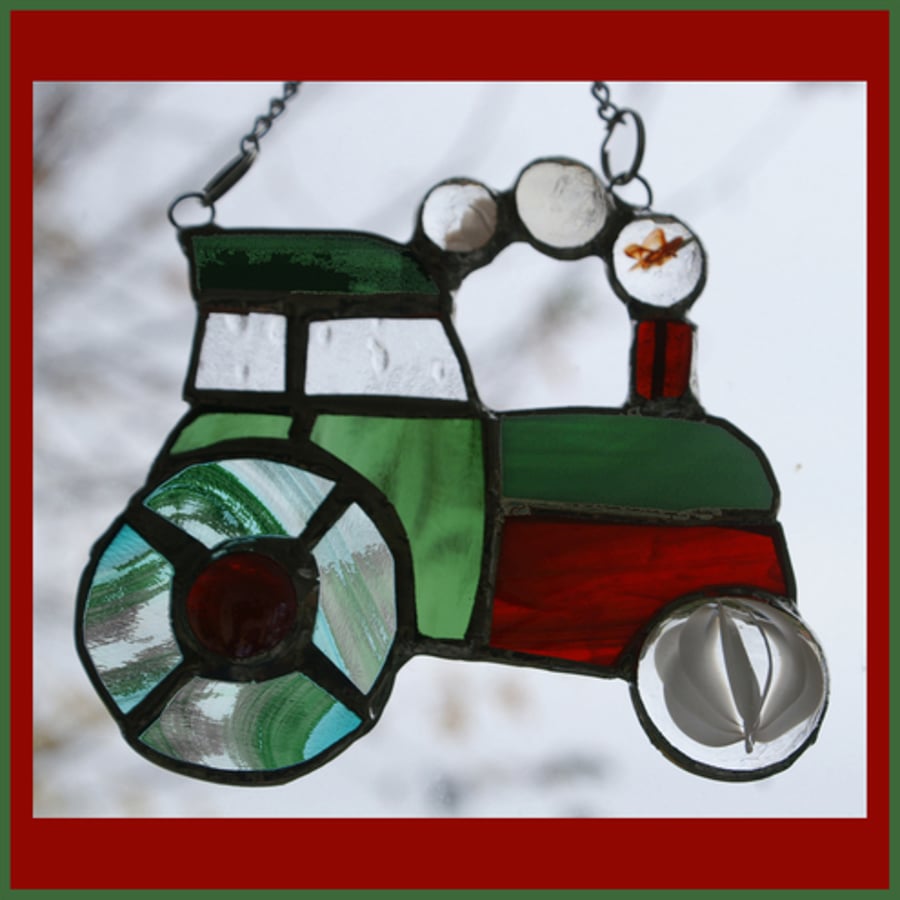 Tractor Stained Glass Suncatcher Green / Red - Folksy