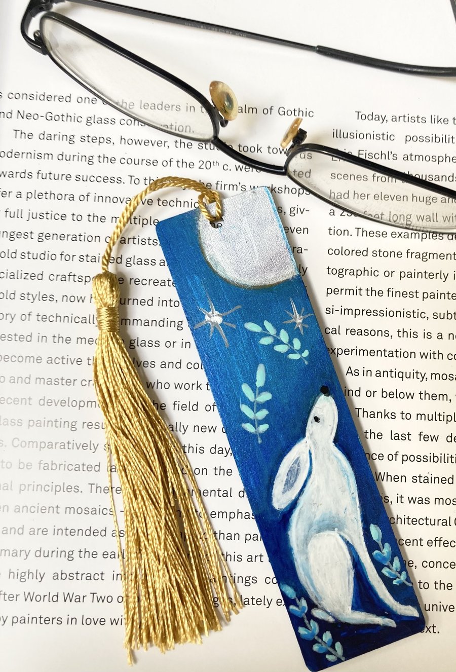 Hand Painted Bookmark White Hare & Silver M... - Folksy