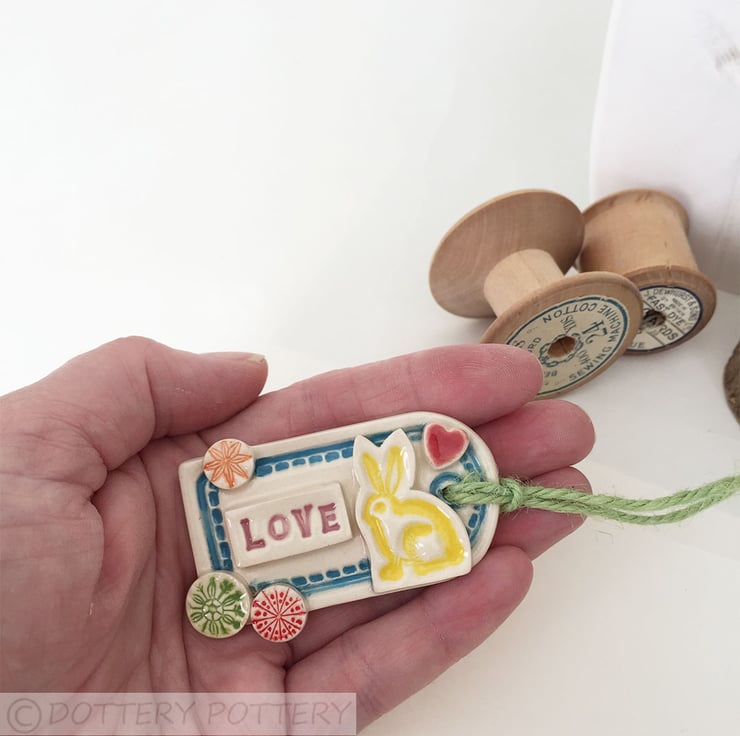 Ceramic gift tag decoration with rabbit and flo... - Folksy