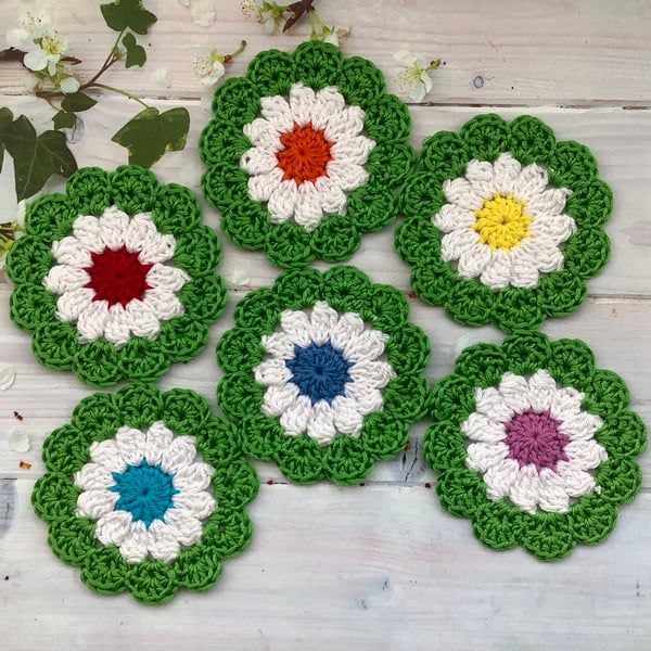 Crochet Daisy Flower Coasters a Set of 6 - Folksy