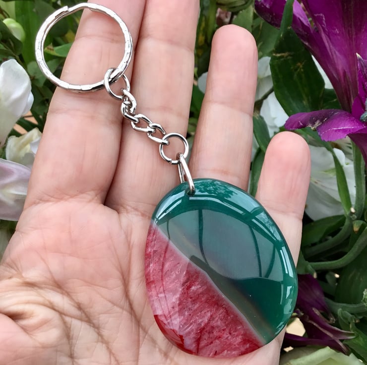 Watermelon Agate Oval Gemstone Keyring or Handb... - Folksy