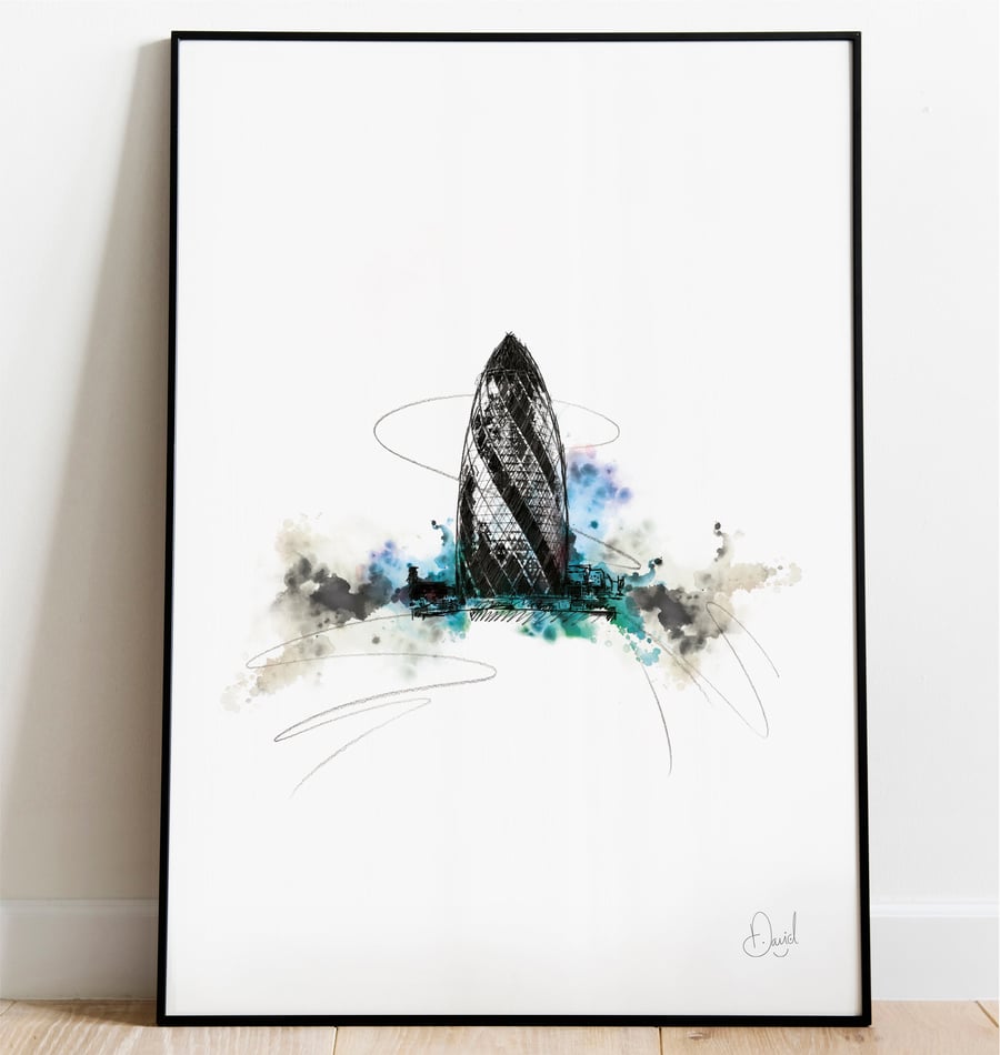 The Gherkin Building Art Print, London Illustra... - Folksy