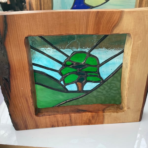 Stained glass Sycamore Gap in Yew wood frame su... - Folksy
