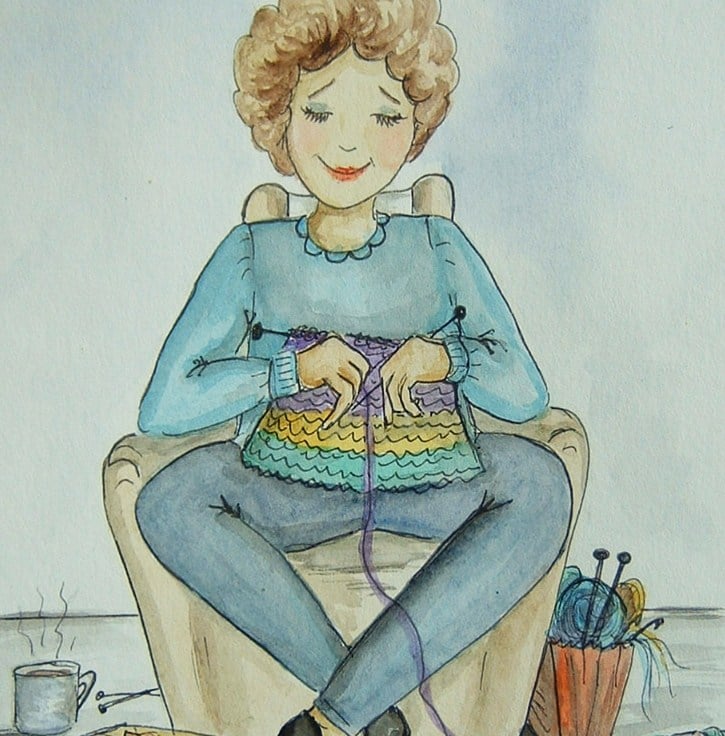 cartoon knitting lady original art painting 7x5... - Folksy