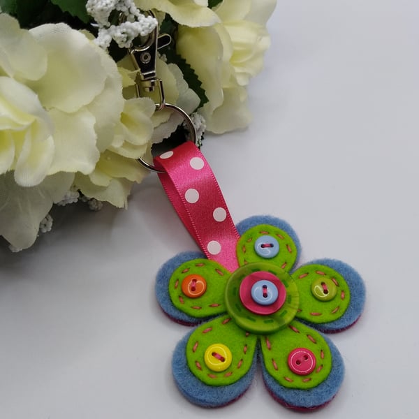 Felt Flower Keyring - Blue and Lime Green Keyri... - Folksy