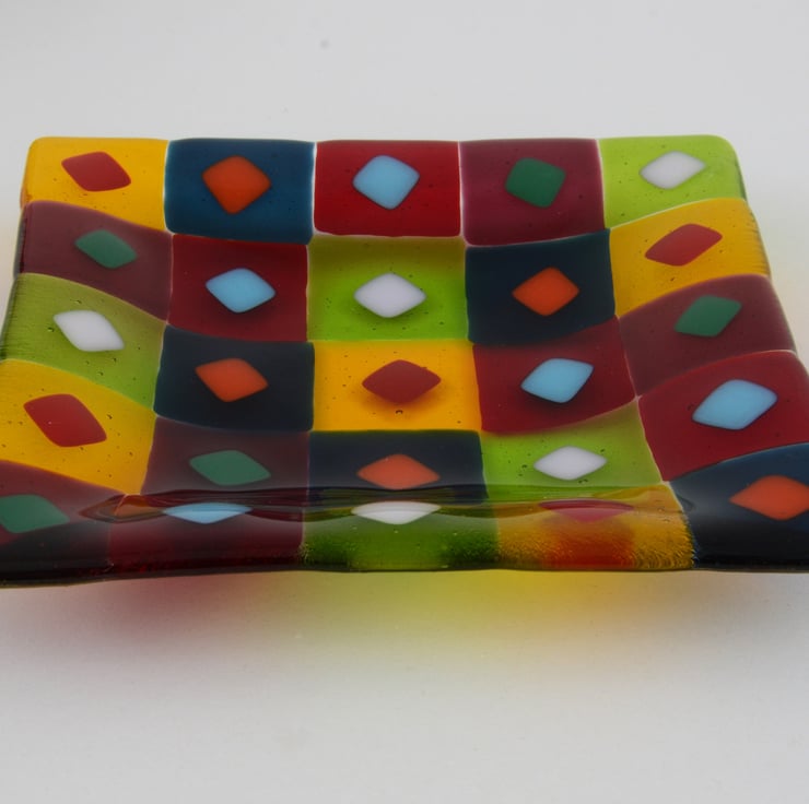 Colourful Glass Dish with Pattern of Squares - Folksy