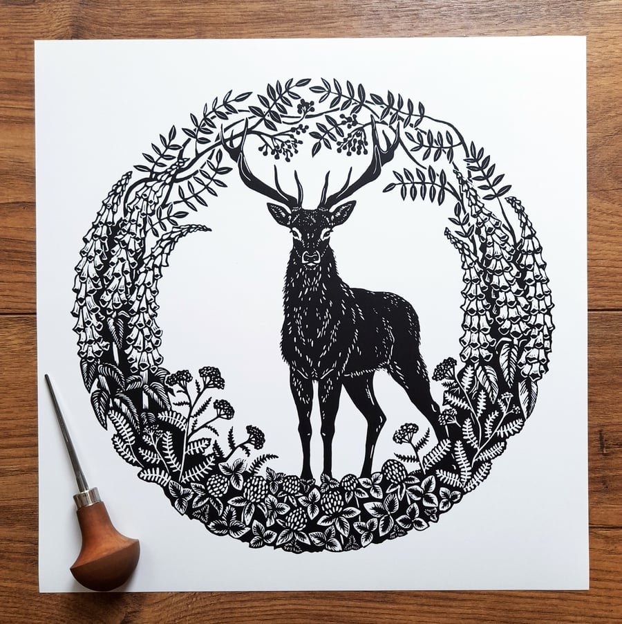 Buck Moon - limited edition lino print of stag ... - Folksy