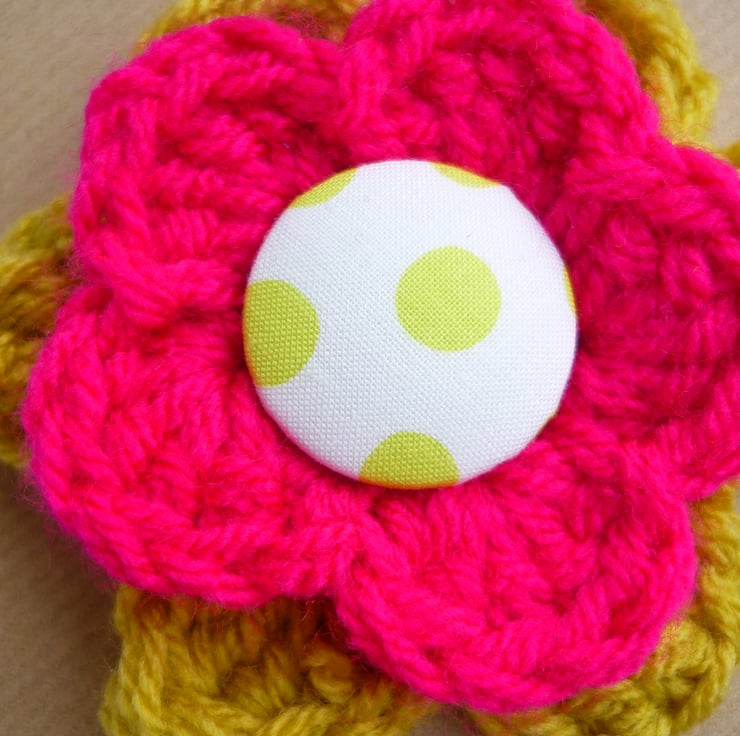 Boho Flower Brooch Handmade Bright PINK AND LIM... - Folksy