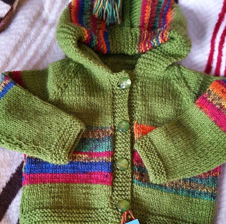 Colourful hand-knitted baby hoodie - Folksy