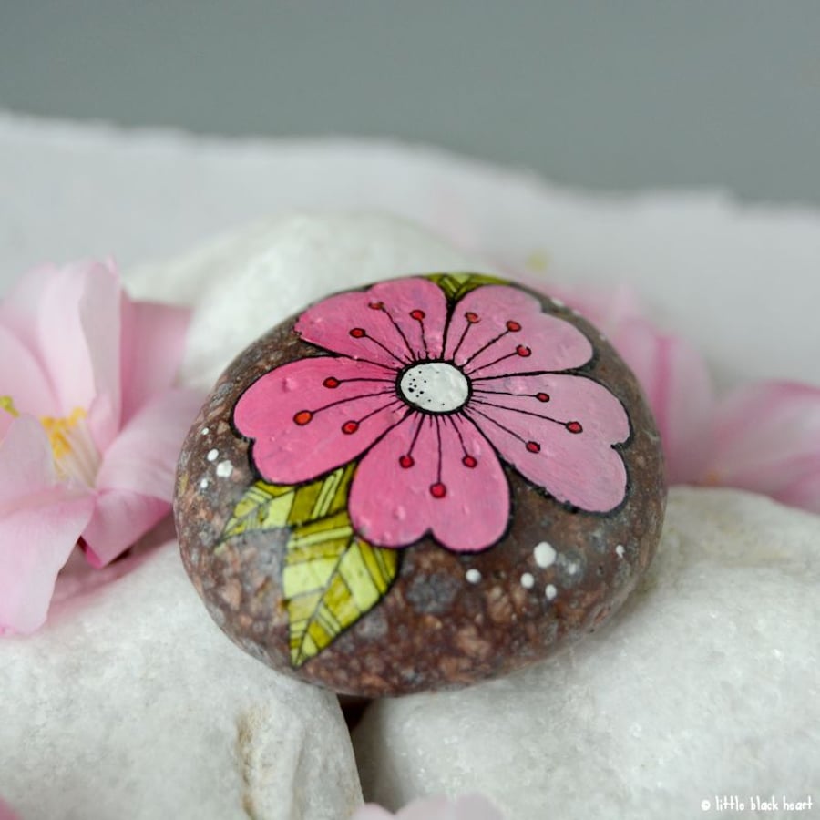 cherry blossom - painted pebble - Folksy