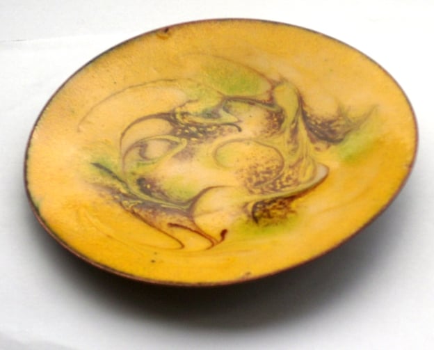 enamel dish - scrolled red over yellow - Folksy