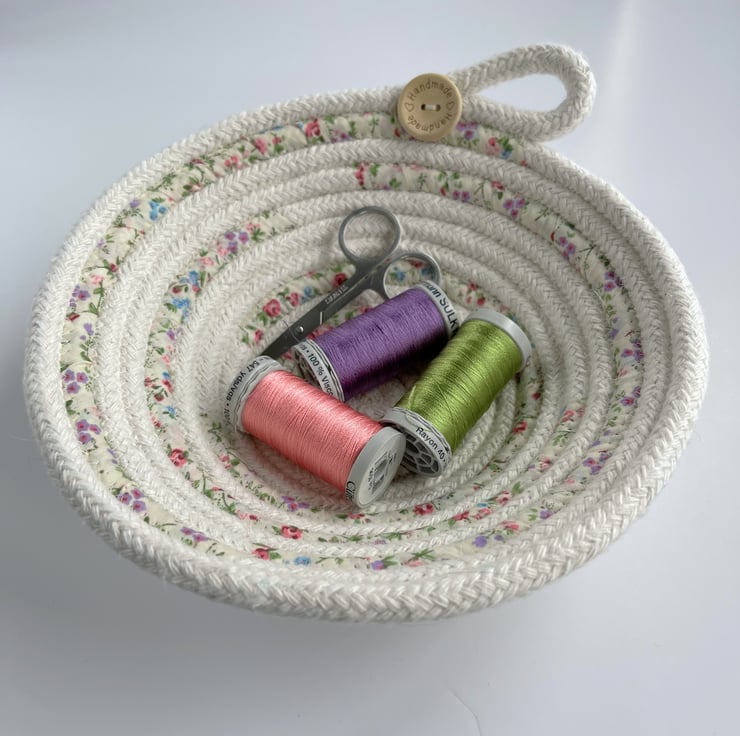 Coiled Rope Bowl with Ditsy Pastel Floral Fabric - Folksy