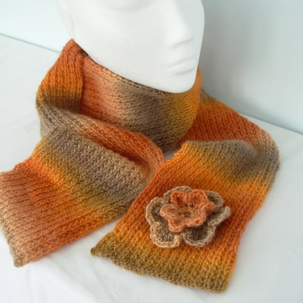 Knitted Scarf with crochet flower Autumn colours - Folksy