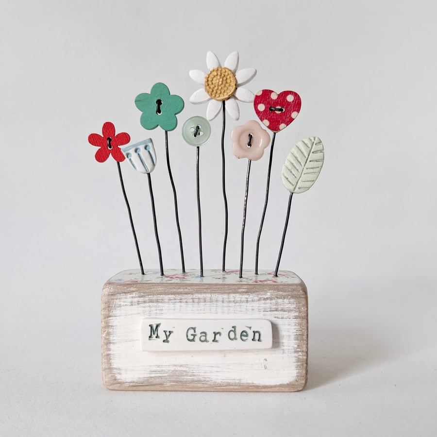 Clay and Button Flower Garden in a Wood Block '... - Folksy