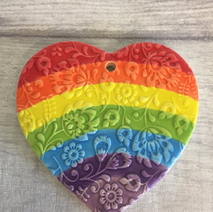 Ceramic textured rainbow hanging heart shaped d... - Folksy