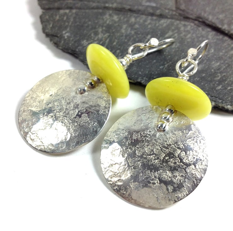 Large round silver and chartreuse stone earrings - Folksy