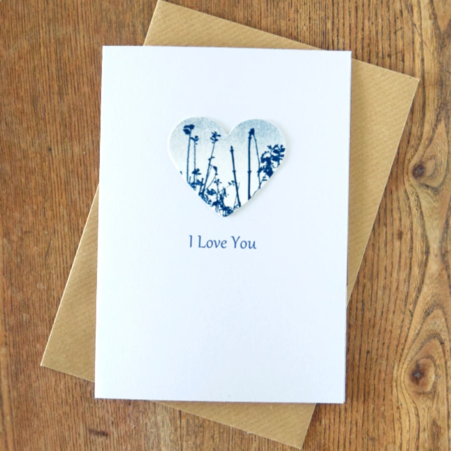 'I Love You' Card with Meadow Cyanotype Heart - Folksy