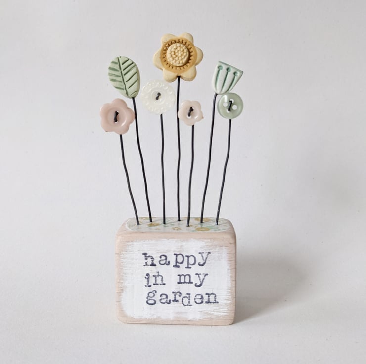 Button and Clay Flower Garden in a Floral Block... - Folksy