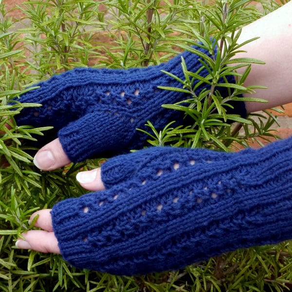 Fingerless Gloves Blue Ribbed - Folksy