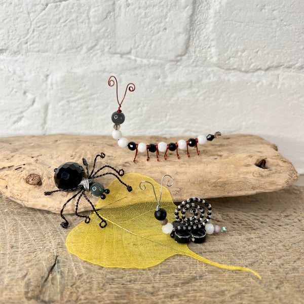 Handmade Set Of 3 Beaded Bugs Black & White - Folksy