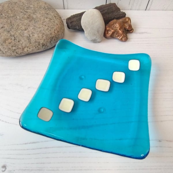 Sea Blue and French Vanilla Square Trinket dish - Folksy