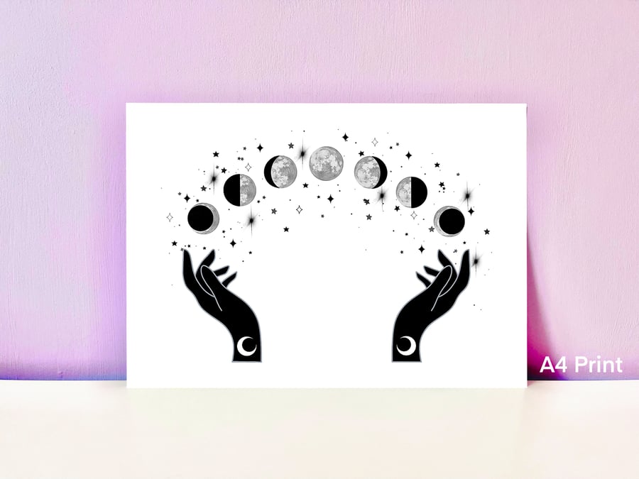 Boho Moon Hand Phases Print, Lunar Cycle Art Pr... - Folksy