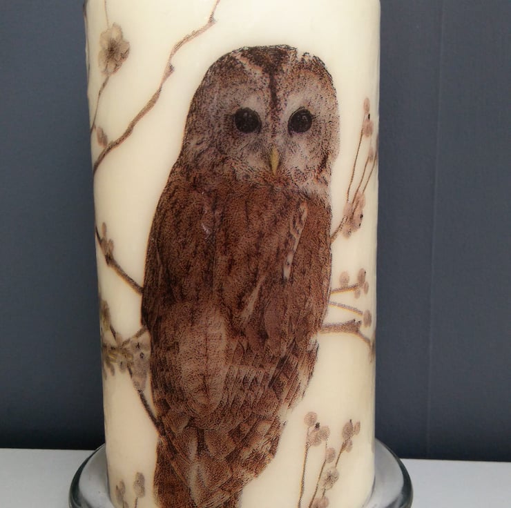 woodland owl decorated candle - Folksy