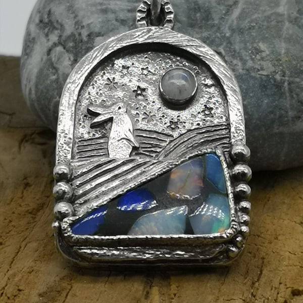 Star Gazing Hare Pendant with Moon Stone and Op... - Folksy