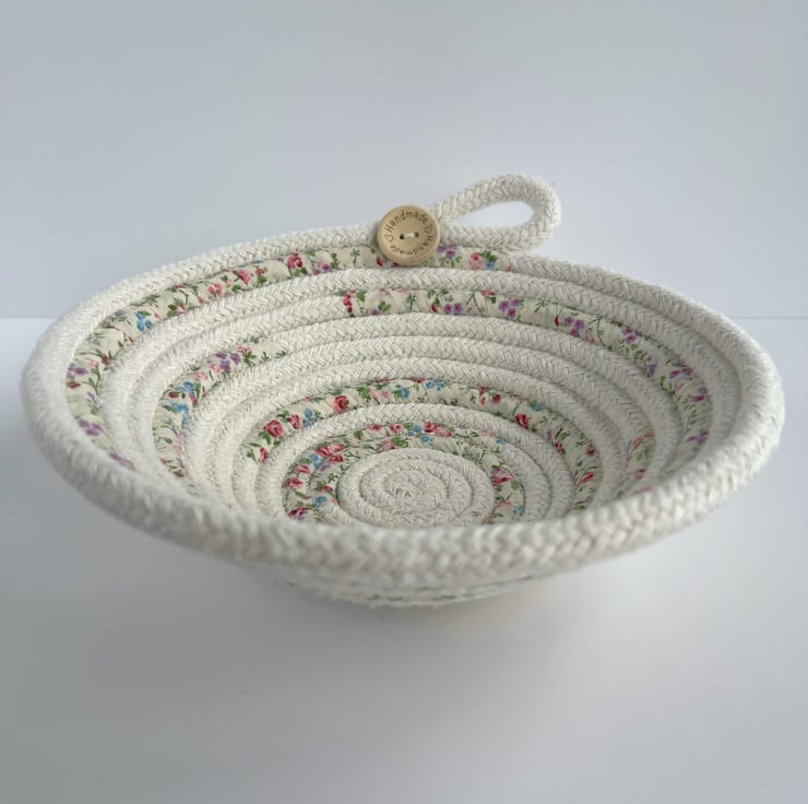 Coiled Rope Bowl with Ditsy Pastel Floral Fabric - Folksy