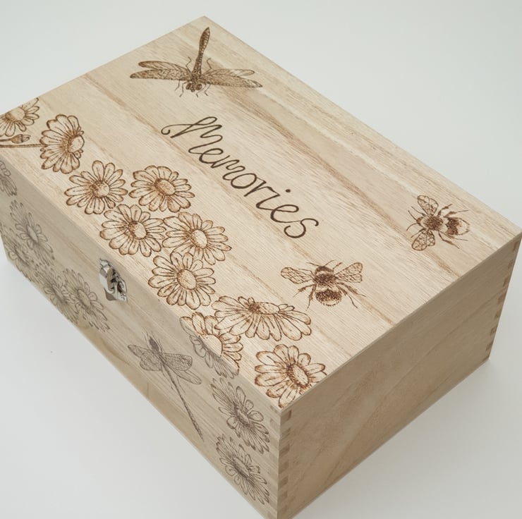 Wooden memory box with pyrography dragonflies b... - Folksy