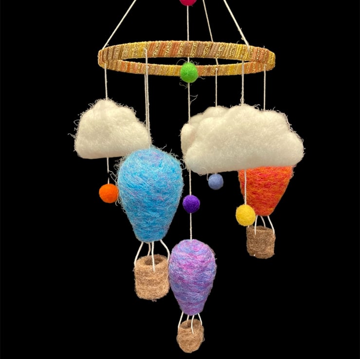 Mobile, needle felt hot air balloons, nursery d... - Folksy