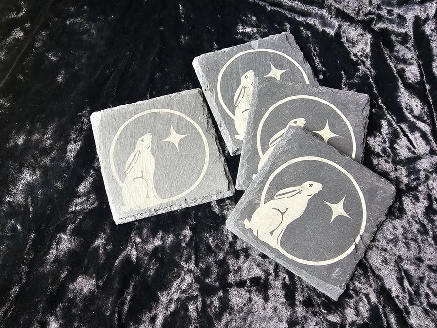 Moongazing Hare Set of 4 Black Slate Coasters -... - Folksy