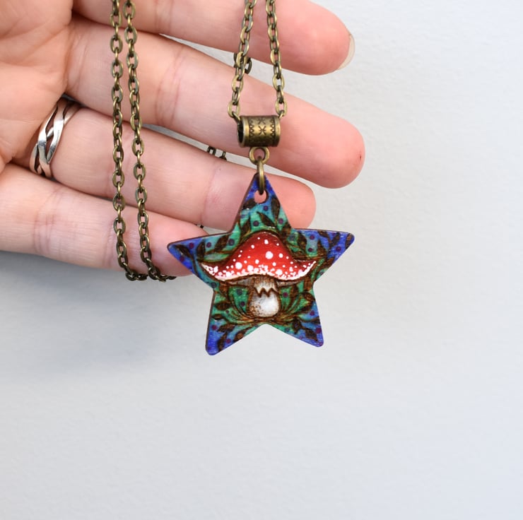 A shroom star. Pyrography toadstool pendant, fl... - Folksy