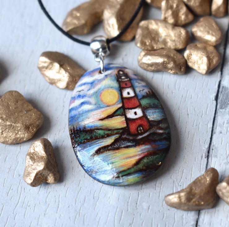 Pyrography lighthouse sunrise wooden pendant. - Folksy