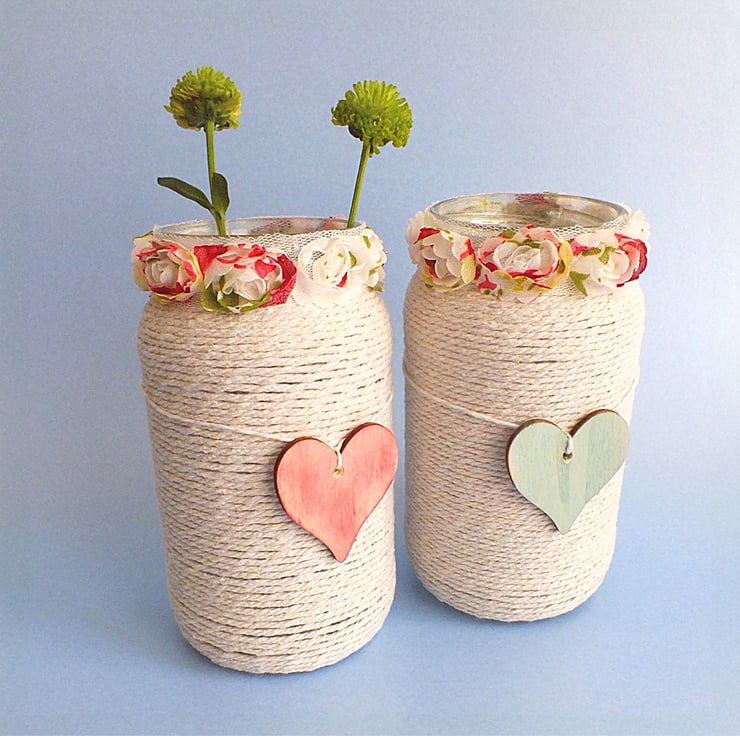 Two Rustic Glass Jar Vases With Flowery Trim an... - Folksy
