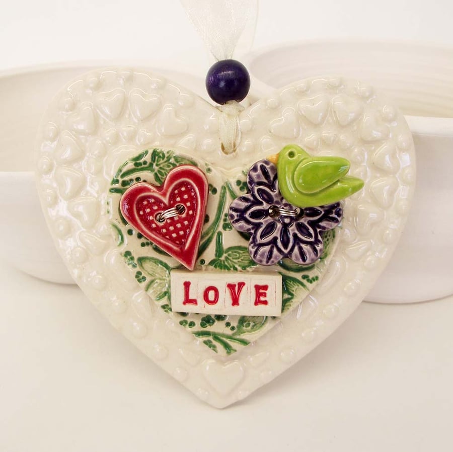 Ceramic heart decoration with button flowers a... - Folksy