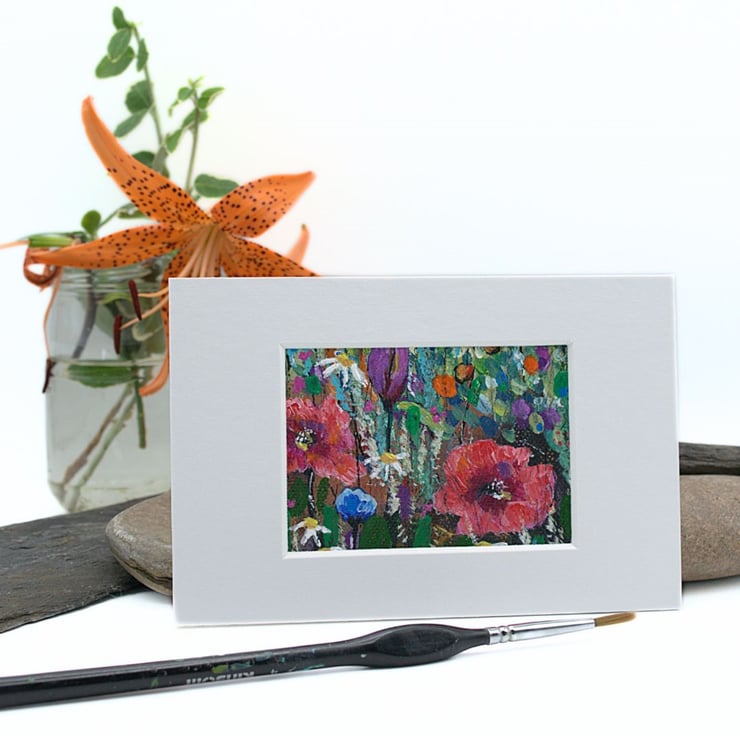 A small mounted painting - colourful flowers - ... - Folksy