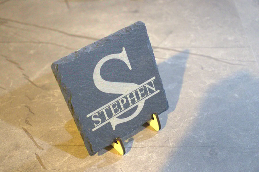 Rustic custom name Laser engraved Slate Coaster - Folksy