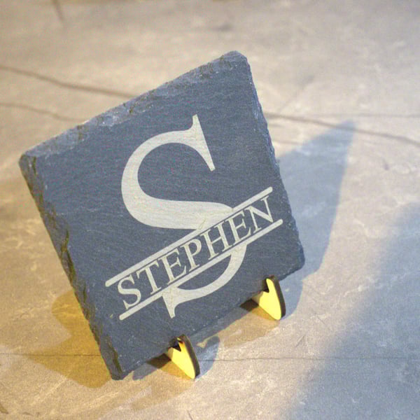 Rustic custom name Laser engraved Slate Coaster - Folksy
