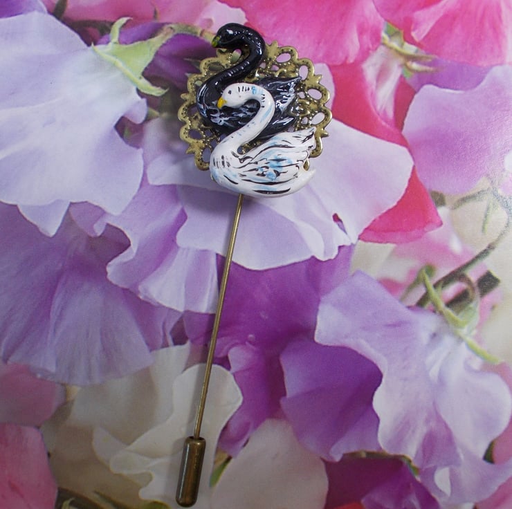 BLACK & WHITE SWAN PIN on Bronze Tone Filig... - Folksy