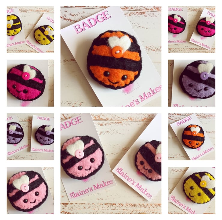 Hand sewn wool blend felt 'busy bee' badge on a... - Folksy