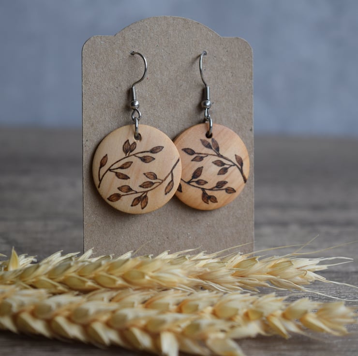 Wooden Pyrography Earrings - Leaves MTO - Folksy
