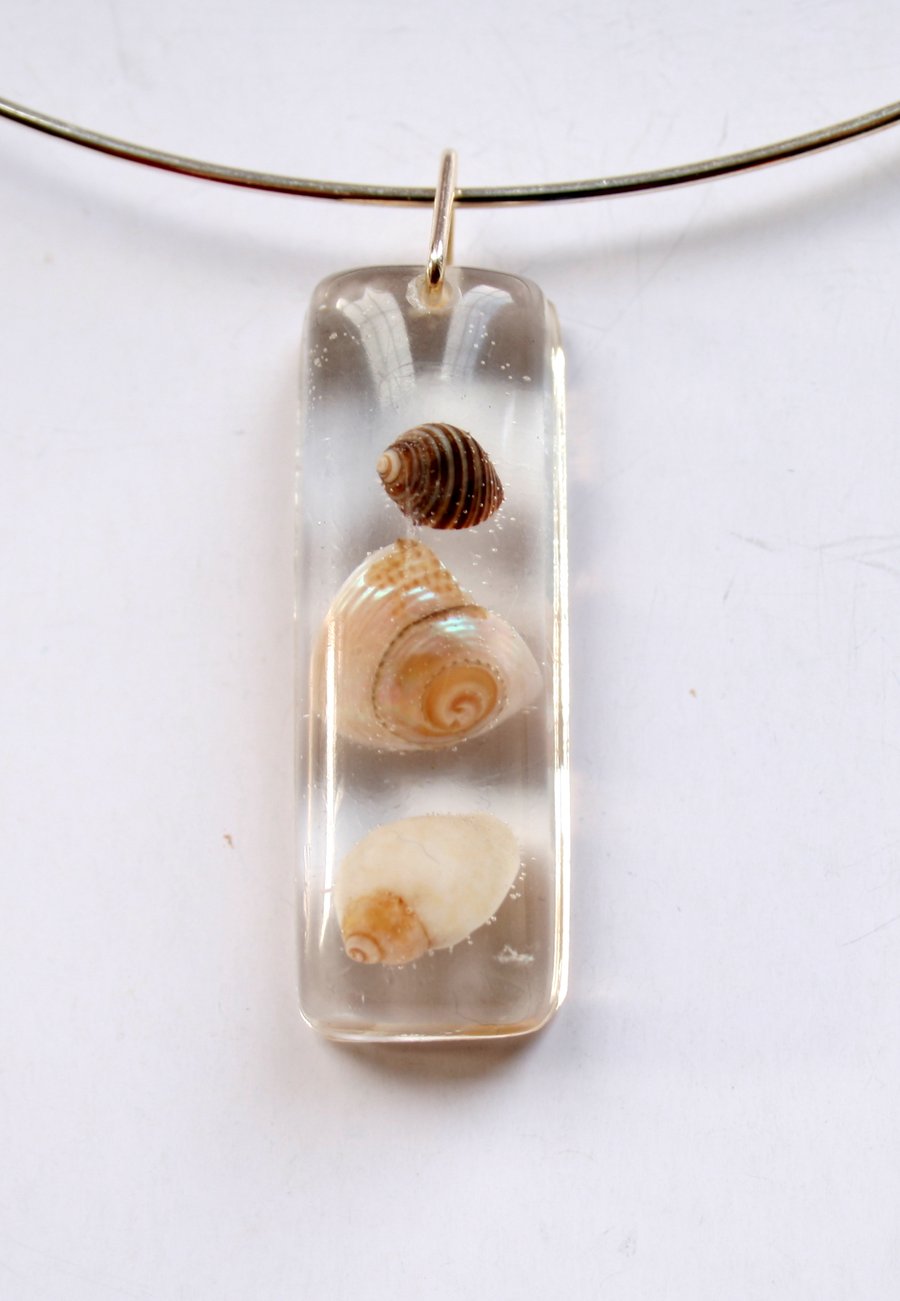 Three shells in resin on a silver choker. - Folksy